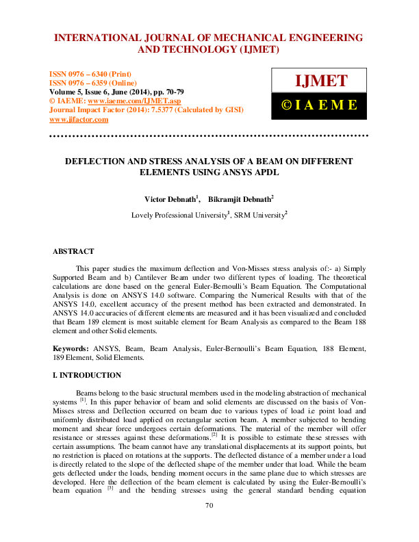 Pdf Deflection And Stress Analysis Of A Beam On Different Elements Using Ansys Apdl