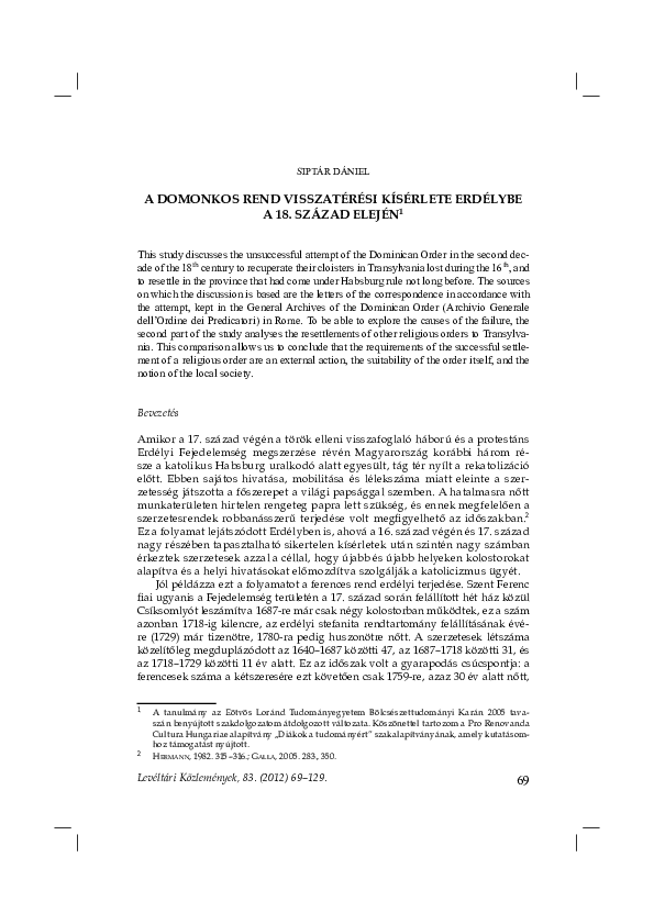(PDF) A DOMONKOS REND VISSZATÉRÉSI KÍSÉRLETE ERDÉLYBE A 18. SZÁZAD ...
