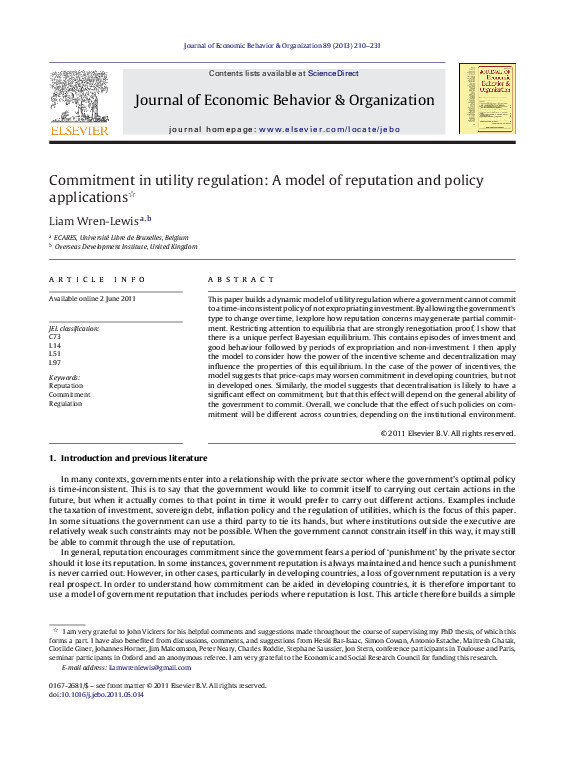 (PDF) Commitment in utility regulation: A model of reputation and ...