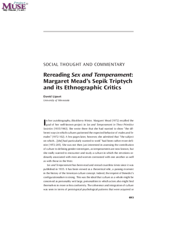 Pdf Rereading Sex And Temperament Margaret Meads Sepik Triptych And