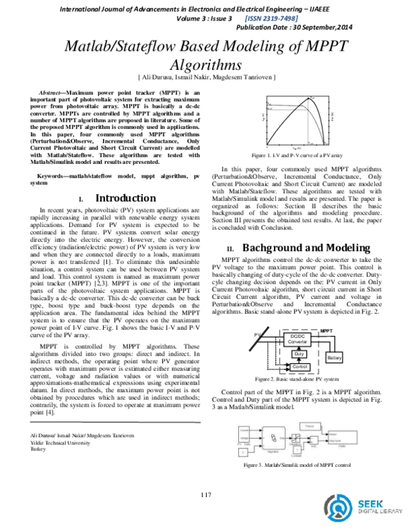 Pdf Matlabstateflow Based Modeling Of Mppt Algorithms