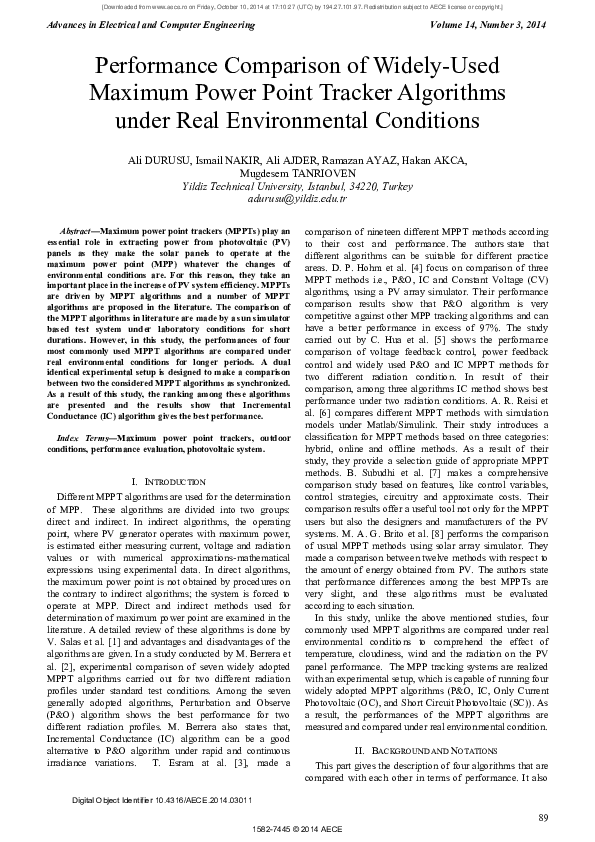 (PDF) Performance Comparison of Widely-Used Maximum Power Point Tracker Algorithms under Real ...