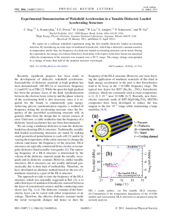 (PDF) Experimental Demonstration ofWakefield Acceleration in a Tunable Dielectric Loaded ...