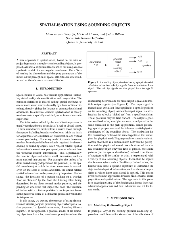 (PDF) Spatialisation using Sounding Objects
