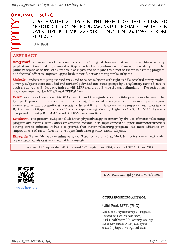 (PDF) COMPARATIVE STUDY ON THE EFFECT OF TASK ORIENTED MOTOR RELEARNING PROGRAM AND THERMAL ...