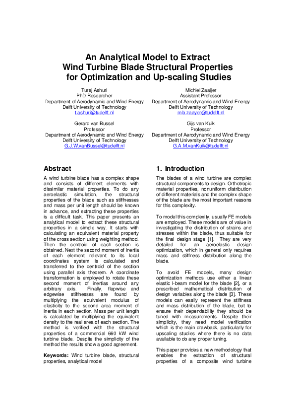 Pdf An Analytical Model To Extract Wind Turbine Blade Structural Properties For Optimization