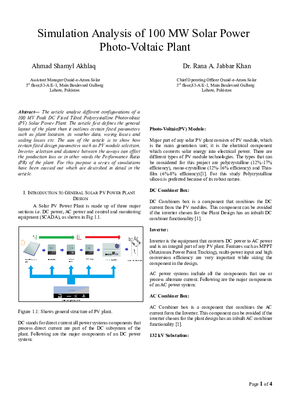 (DOC) Simulation Analysis of 100 MW Solar Power Photo-Voltaic Plant