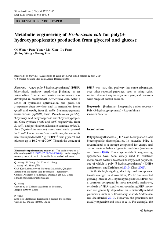 (PDF) Metabolic engineering of Escherichia coli for poly(3- hydroxypropionate) production from ...