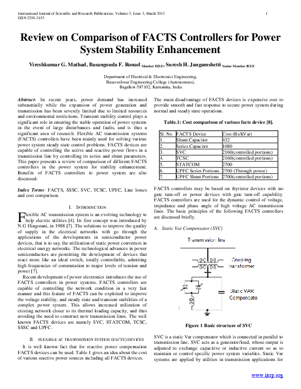 Pdf Review On Comparison Of Facts Controllers For Power System