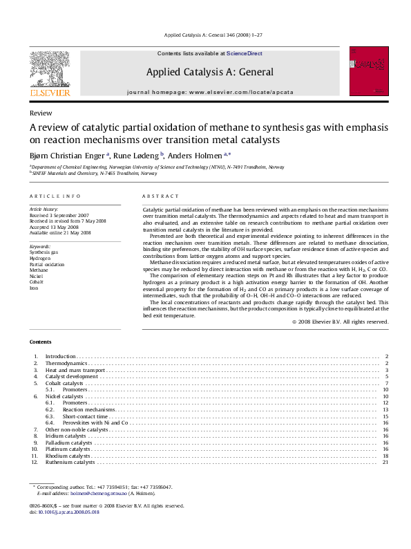 (PDF) A review of catalytic partial oxidation of methane to synthesis ...