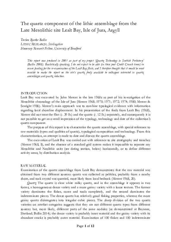 (PDF) 2014: The quartz component of the lithic assemblage from the Late Mesolithic site Lealt ...