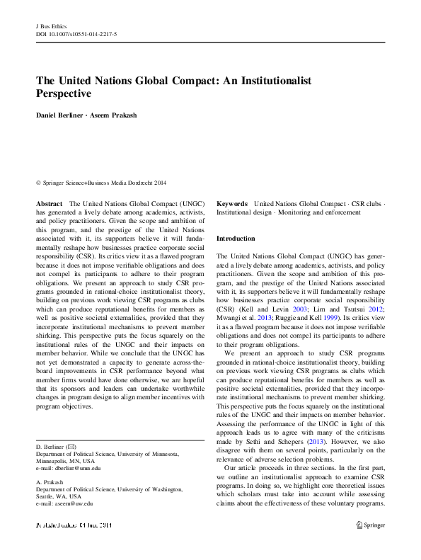 (PDF) The United Nations Global Compact: An Institutionalist Perspective.