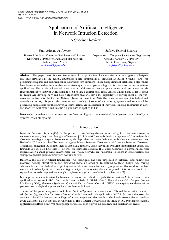 Pdf Application Of Artificial Intelligence In Network Intrusion Detection A Succinct Review