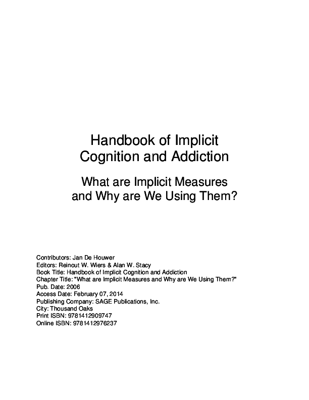 Handbook Of Implicit Cognition And Addiction What Are Implicit Measures And Why Are We Using Them