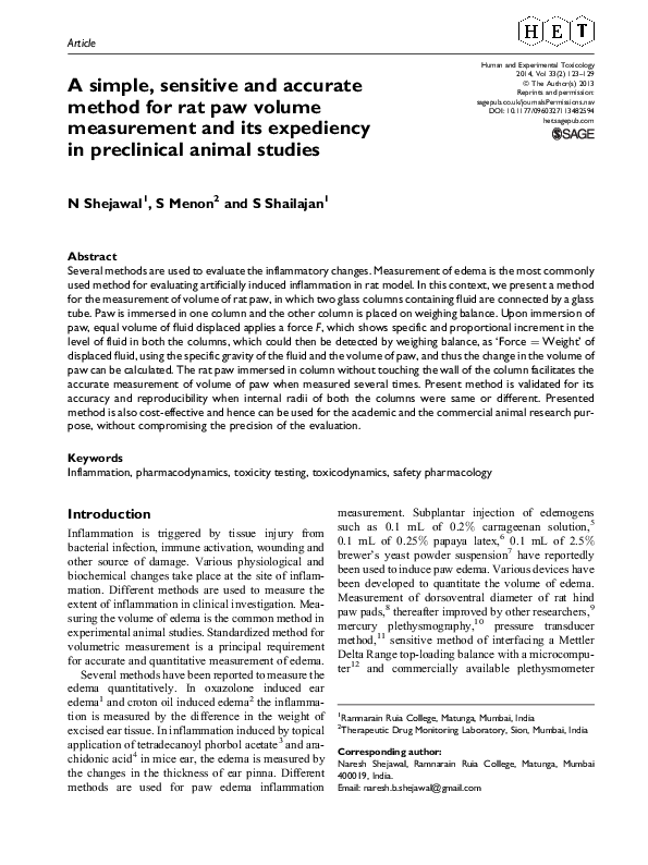 (PDF) A simple, sensitive and accurate method for rat paw volume ...