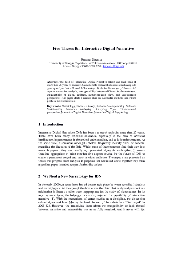 (PDF) Five Theses for Interactive Digital Narrative
