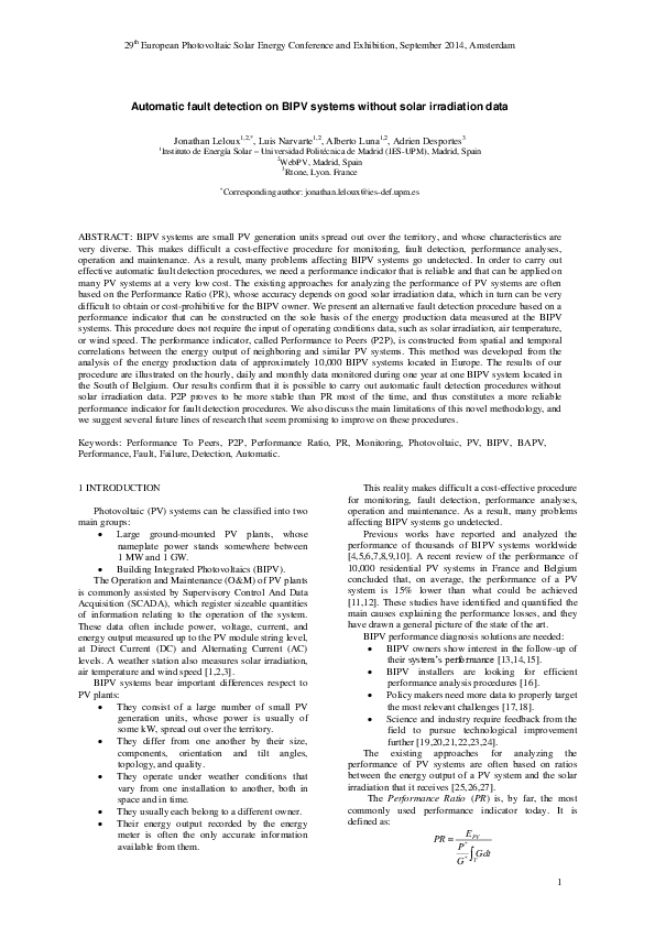 (PDF) Automatic fault detection on BIPV systems without solar irradiation data