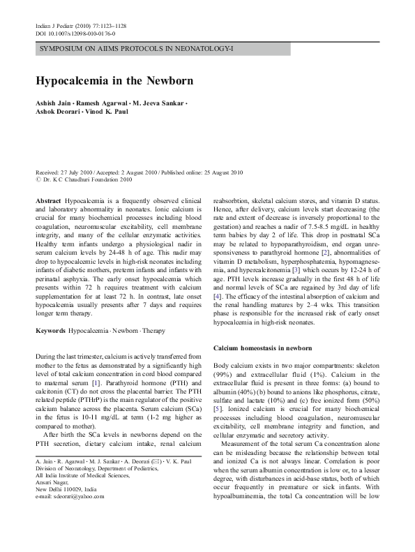 SYMPOSIUM ON AIIMS PROTOCOLS IN NEONATOLOGY-I Hypocalcemia in the Newborn
