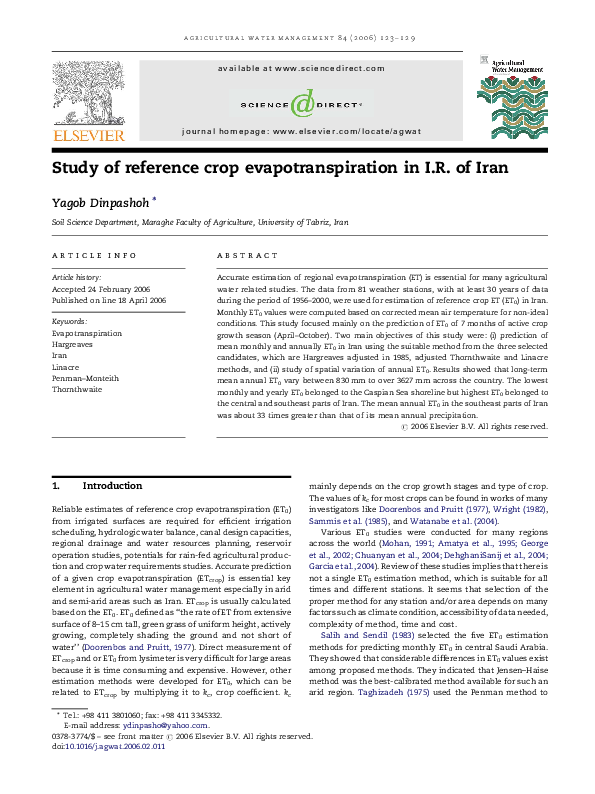 (PDF) Study of reference crop evapotranspiration in IR of Iran