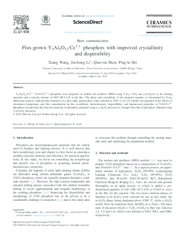 (PDF) Flux-grown Y 3 Al 5 O 12 :Ce 3 þ phosphors with improved ...