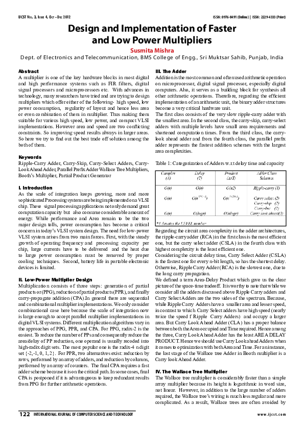 (PDF) Design and Implementation of Faster and Low Power Multipliers
