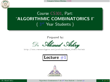Lecture #1: Algorithmic Combinatorics I "#FOSCS301#
