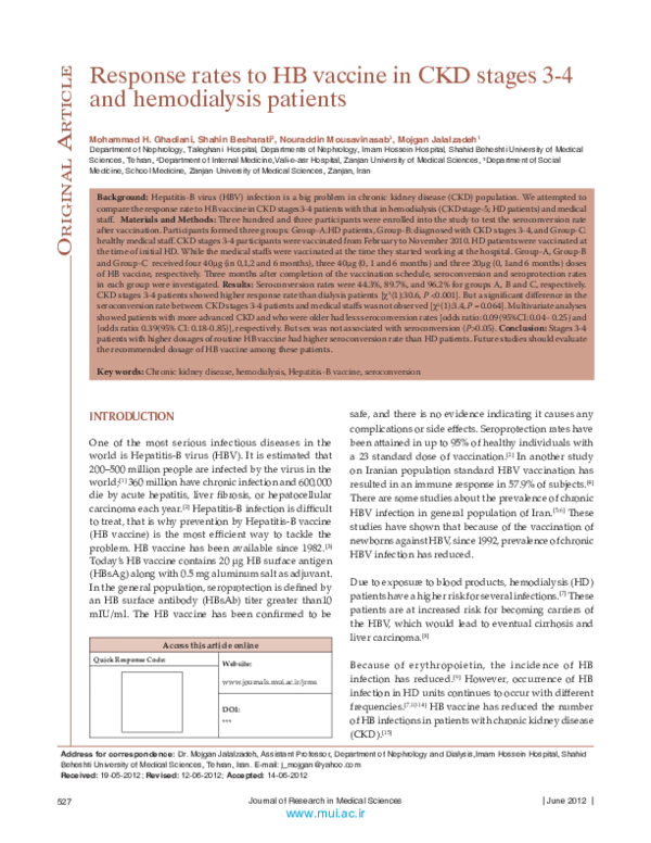 (PDF) Response rates to HB vaccine in CKD stages 3-4 and hemodialysis ...