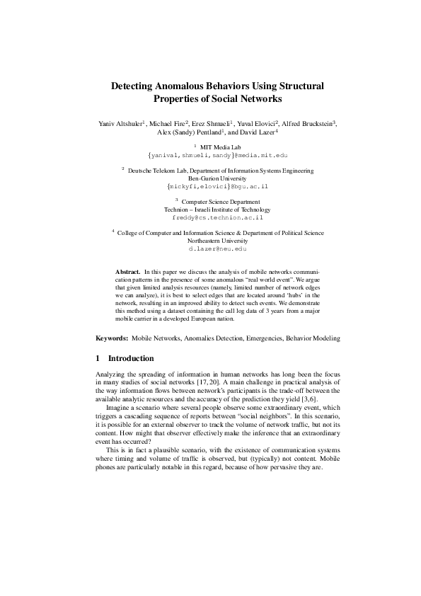 (PDF) Detecting Anomalous Behaviors Using Structural Properties of Social Networks