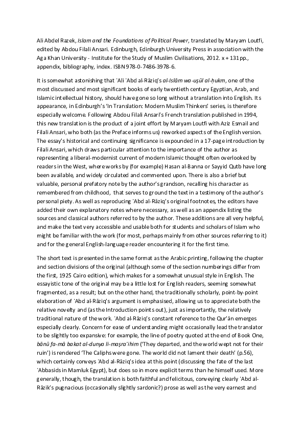 (PDF) Review of Ali Abd al-Raziq, Islam and the foundations of ...