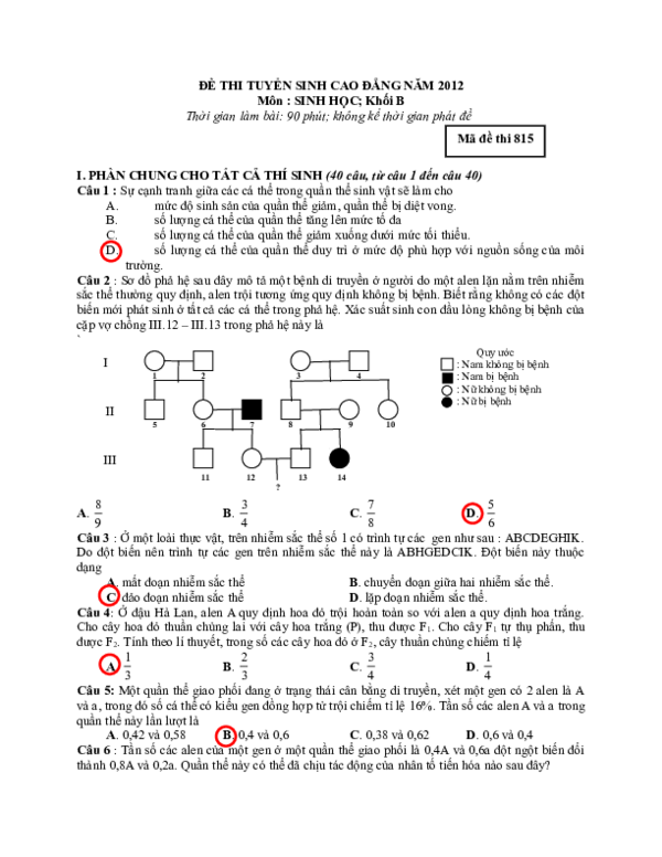 (DOC) Đ THI TUY N SINH CAO Đ NG NĂM 2012 Môn : SINH H C; Kh i B
