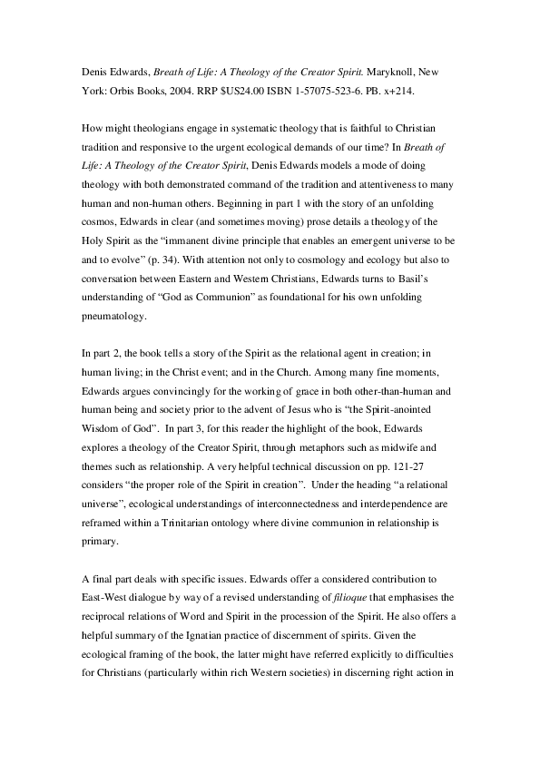 (PDF) Edwards, Denis. Breath of Life: A Theology of the Creator Spirit ...