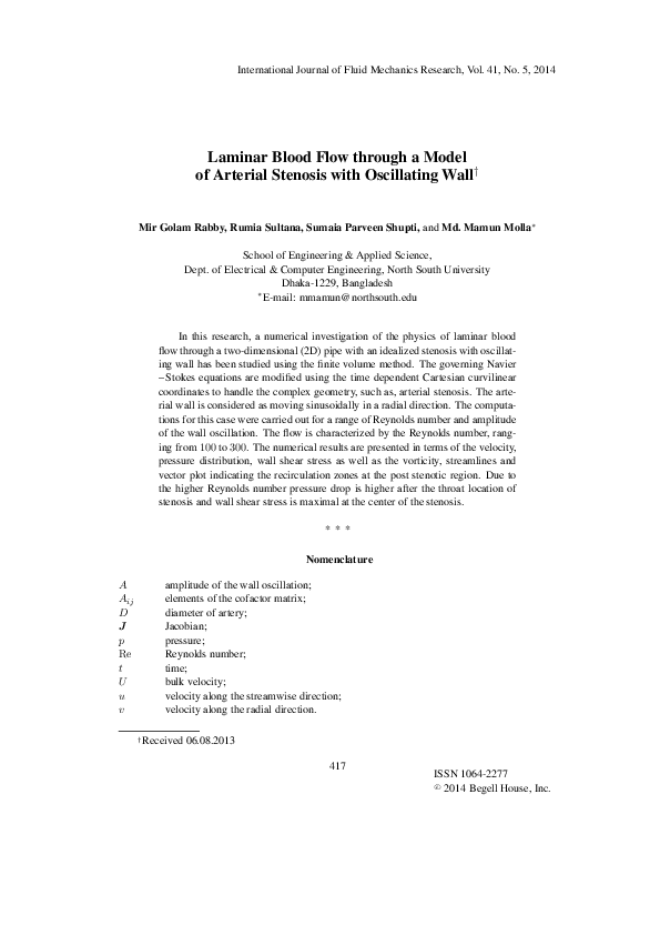 (PDF) Laminar Blood Flow through a Model of Arterial Stenosis with ...