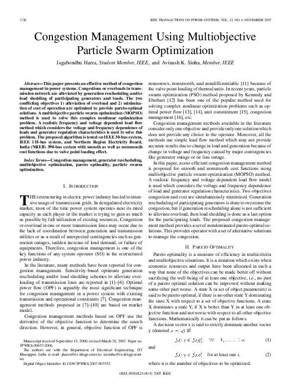 (PDF) Congestion management using multiobjective particle swarm optimization