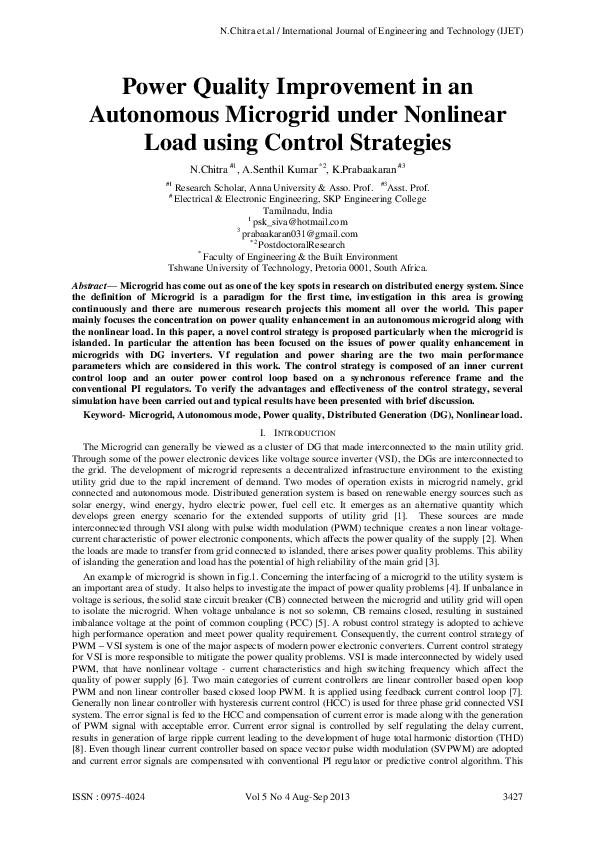 Pdf Power Quality Improvement In An Autonomous Microgrid Under Nonlinear Load Using Control