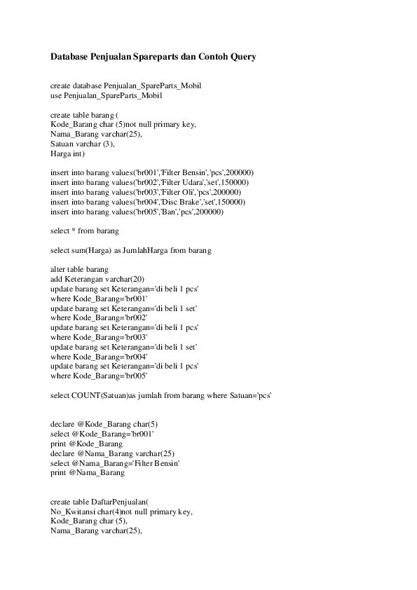 (DOC) Database Penjualan Spareparts dan Contoh Query