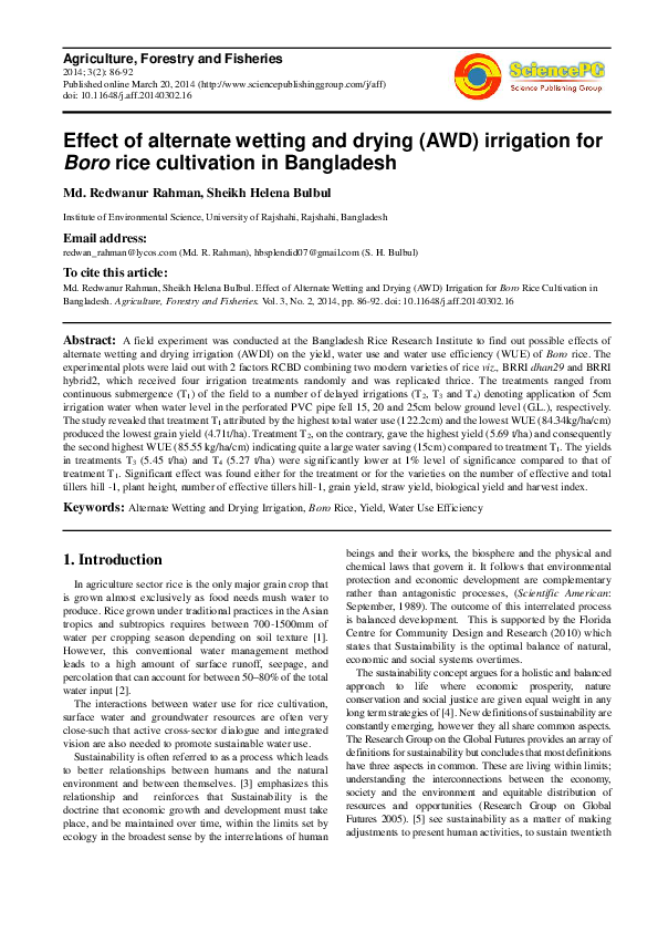 (PDF) Effect of alternate wetting and drying (AWD) irrigation for Boro ...