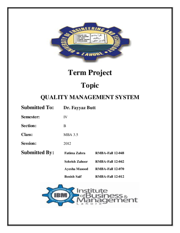 (DOC) Term Project Topic QUALITY MANAGEMENT SYSTEM