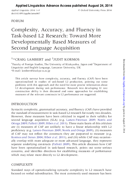 Pdf 2014 Complexity Accuracy And Fluency In Task Based L2 Research