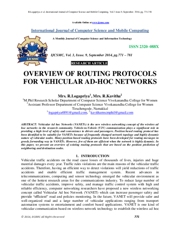 Pdf Overview Of Routing Protocols For Vehicular Ad Hoc Networks