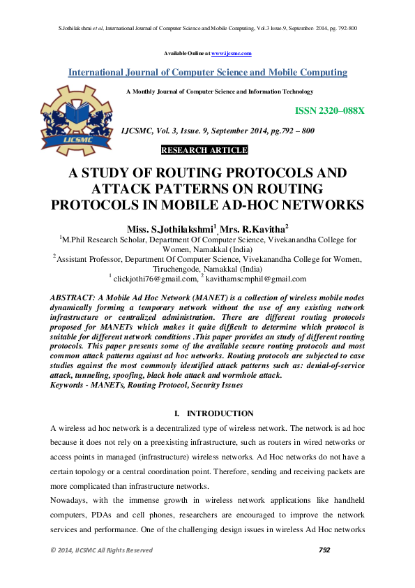 (PDF) A STUDY OF ROUTING PROTOCOLS AND ATTACK PATTERNS ON ROUTING PROTOCOLS IN MOBILE AD-HOC ...