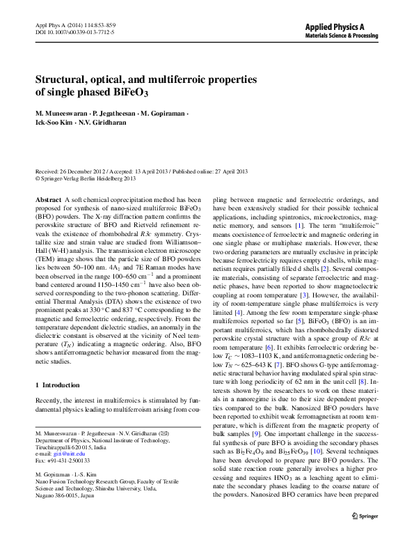 (PDF) Structural, optical, and multiferroic properties of single phased BiFeO3