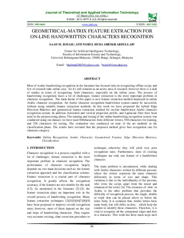 Pdf Geometrical Matrix Feature Extraction For On Line Handwritten Characters Recognition