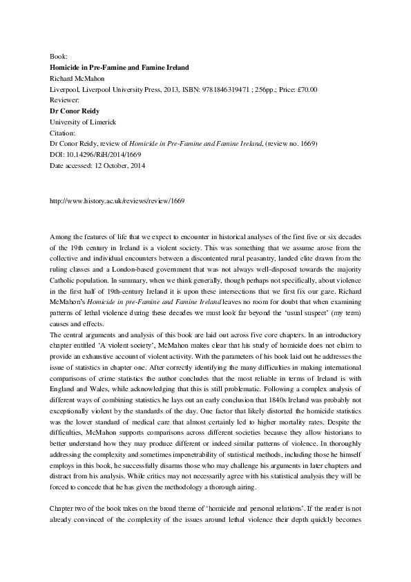 (DOC) Homicide in pre-Famine and Famine Ireland review by Conor Reidy ...