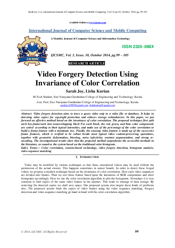 (PDF) Video Forgery Detection Using Invariance of Color Correlation