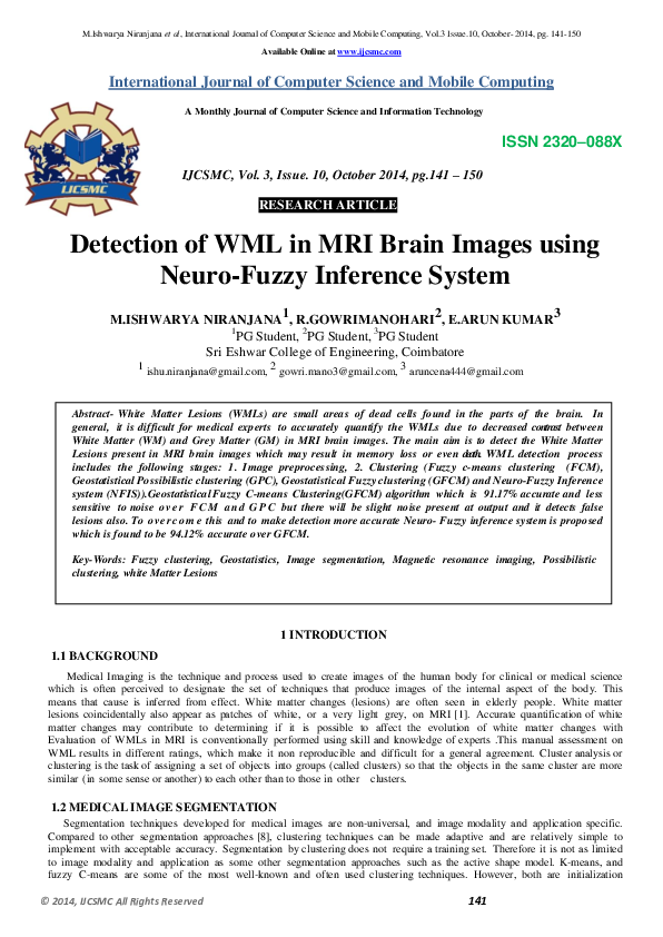 (PDF) Detection of WML in MRI Brain Images using Neuro-Fuzzy Inference System