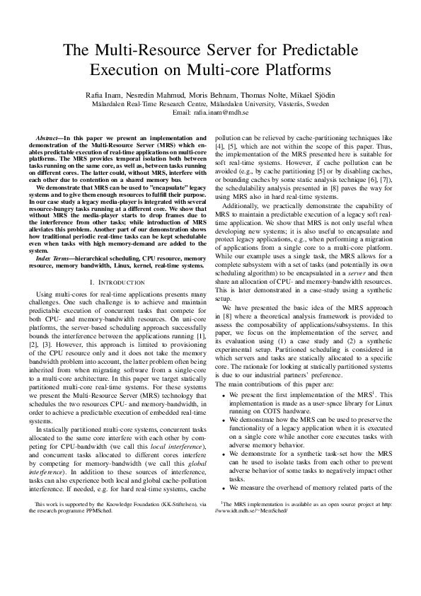 Pdf The Multresource Server For Predictable Execution On Multi Core Platforms Nesredin