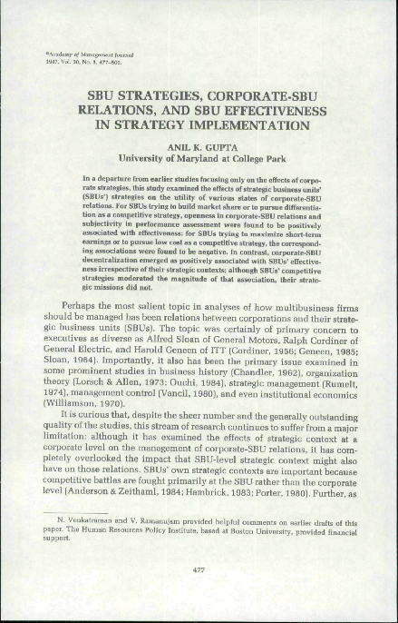 (PDF) SBU STRATEGIES, CORPORATE-SBU RELATIONS, AND SBU EFFECTIVENESS IN ...