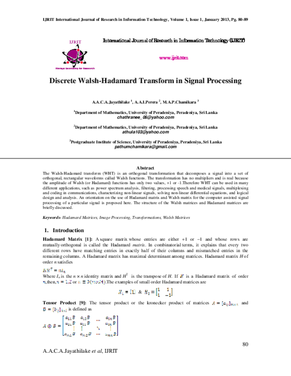 Pdf Discrete Walsh Hadamard Transform In Signal Processing