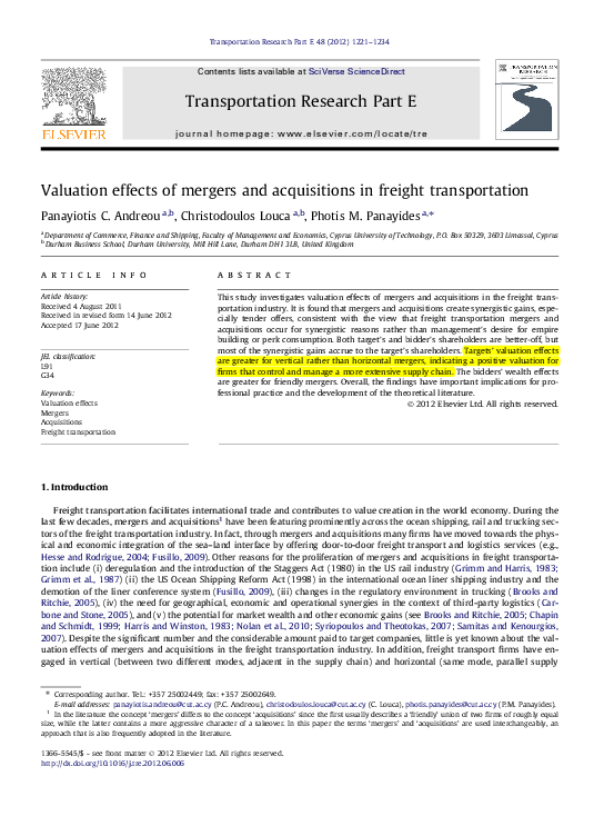 (PDF) Valuation effects of mergers and acquisitions in freight ...