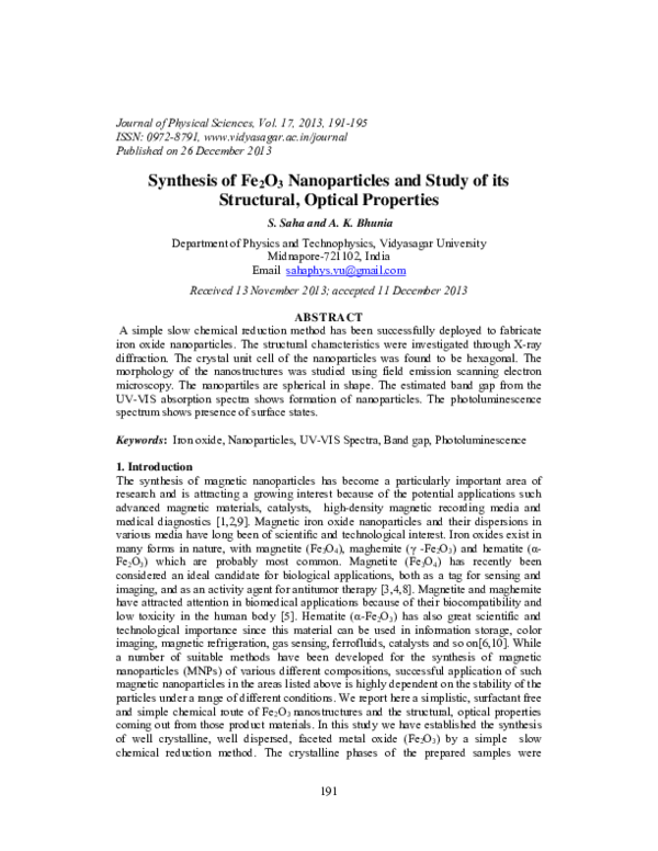 (PDF) Synthesis of Fe2O3 Nanoparticles and Study of its Structural, Optical Properties